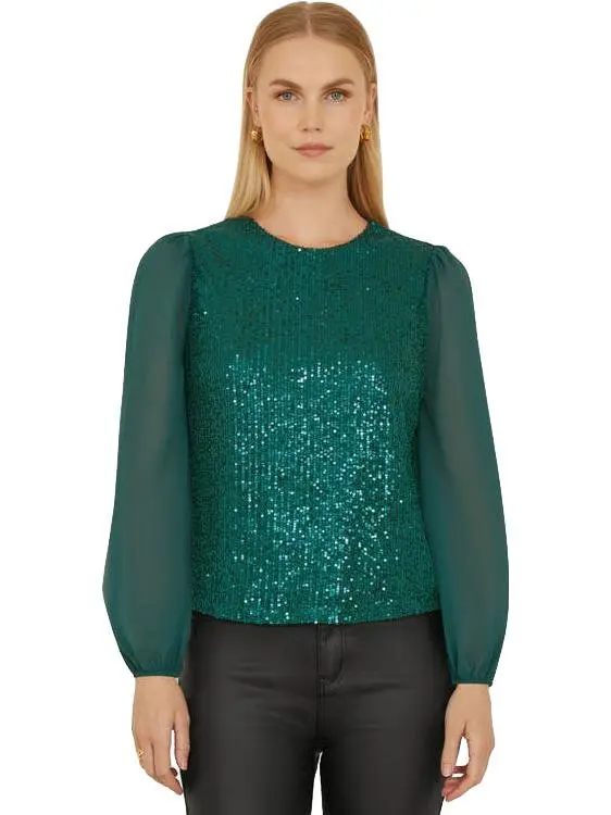 YUMI Sequined Sheer Sleeve Top - Green