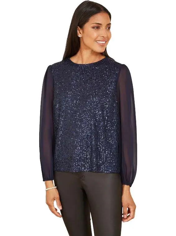 YUMI Sheer Sleeve Sequin Top - Navy