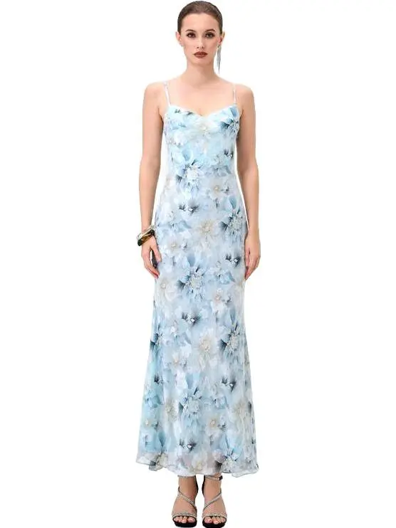 BARIANO Jazlene Floral Chiffon Midaxi - Blue/silver Print