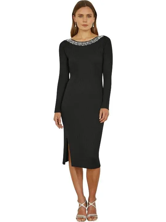 YUMI Bedazzled Neck Fitted Midi Knitted Dress - Black