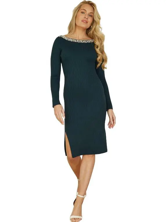 YUMI Embellished Neck Fitted Midi Dress - Green