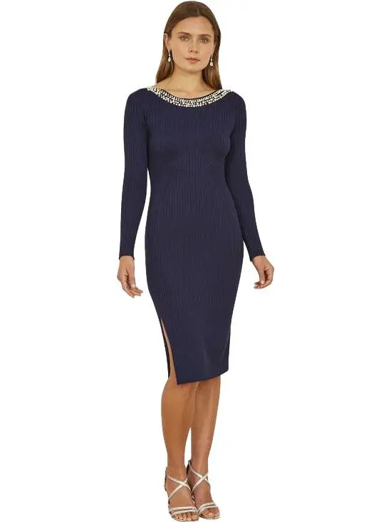 YUMI Embellished Neck Fitted Midi Dress - Navy