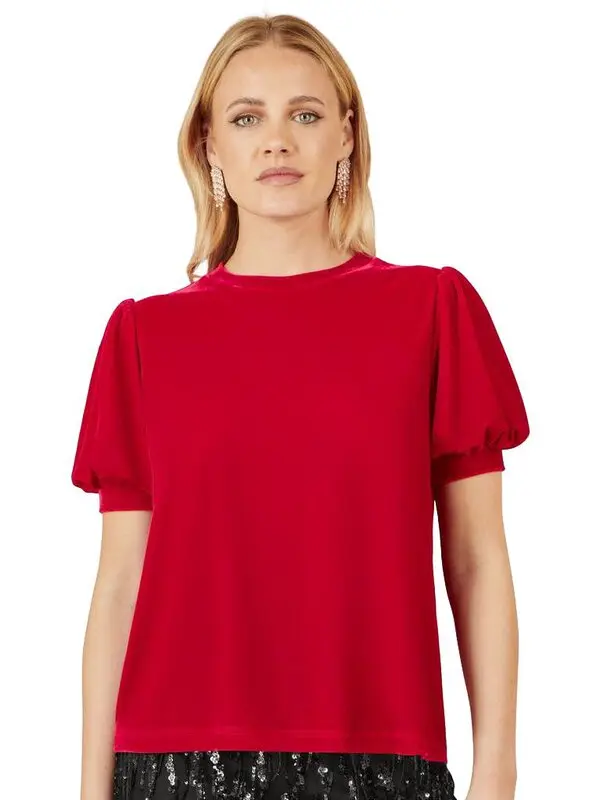 YUMI Velvet Puff Sleeve Top - Red