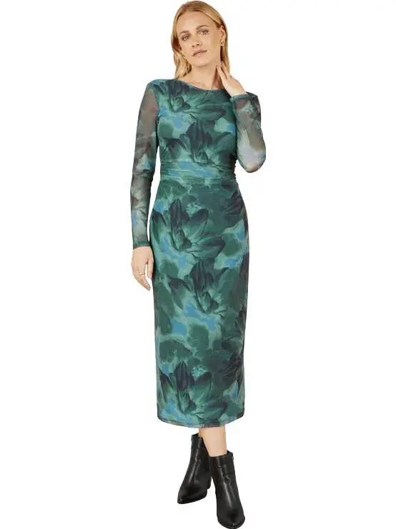 YUMI Floral Mesh With Tie Back Bodycon Dress - Green