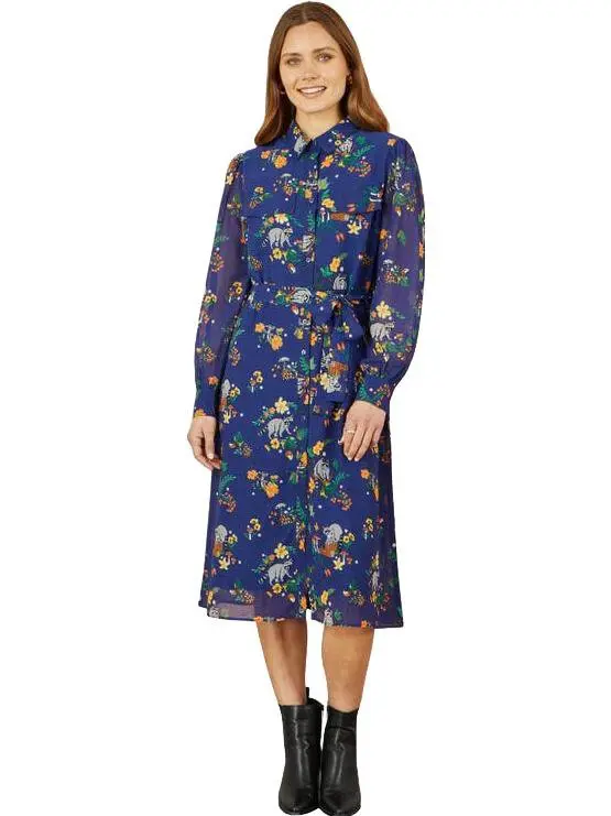 YUMI Raccoon Print Shirt Midi Dress - Navy