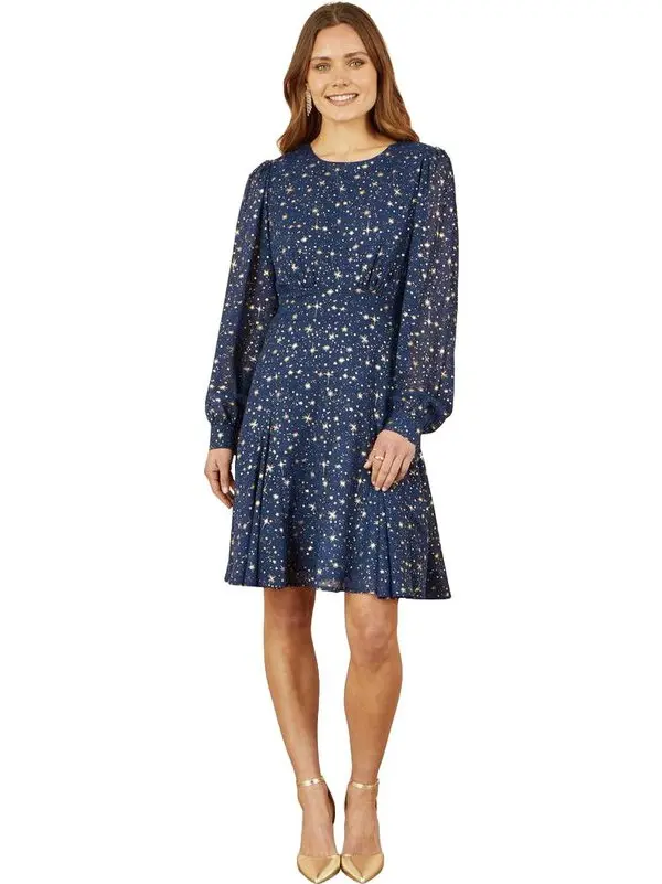 YUMI Star Print Foil Long Sleeve Dress - Navy