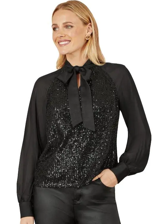 YUMI Sequin Pussy Bow Top - Black