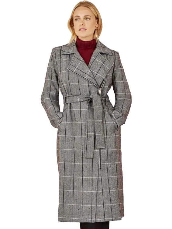 YUMI Check Oversize Long Biker Coat - Grey