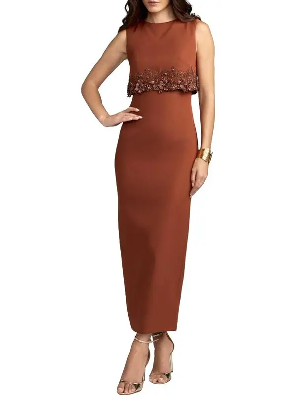 Mac Duggal Sleeveless Embellished Cape Sheath Midi Dress - Nutmeg