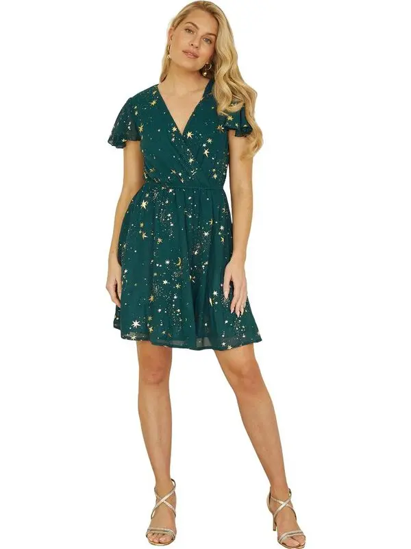 YUMI Foil Star Print Wrap Skater Dress - Green