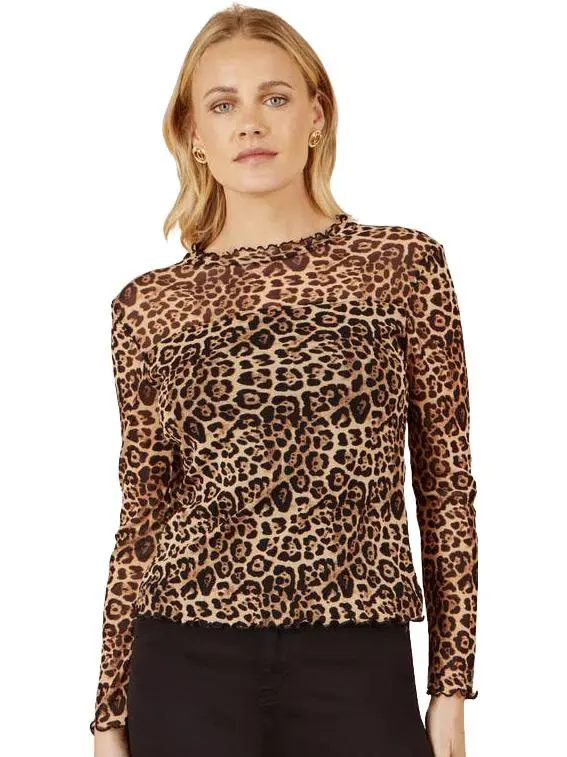 YUMI Leopard Print Mesh Stretch Fitted Top - Brown