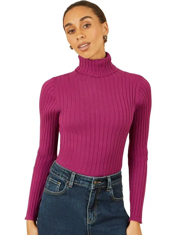 YUMI Ribbed Knit Roll Neck Jumper - Plum