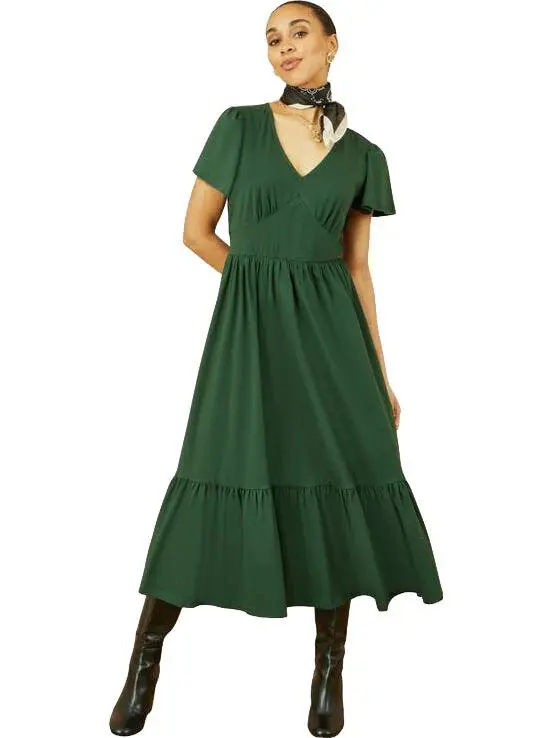 YUMI Cotton Jersey V-neck Midi Dress - Green