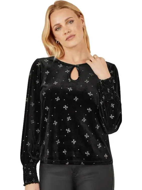 YUMI Sparkle Bow Print Velvet Top - Black