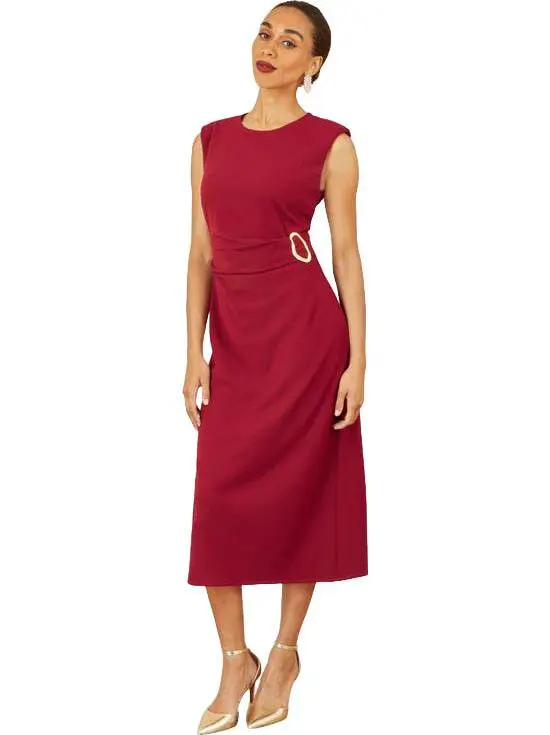 YUMI Buckle Detail Ruched Dress - Burgundy