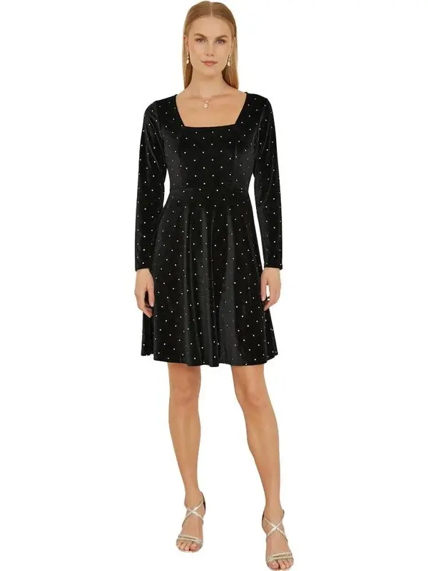 YUMI Diamante Long-sleeve Skater Dress - Black