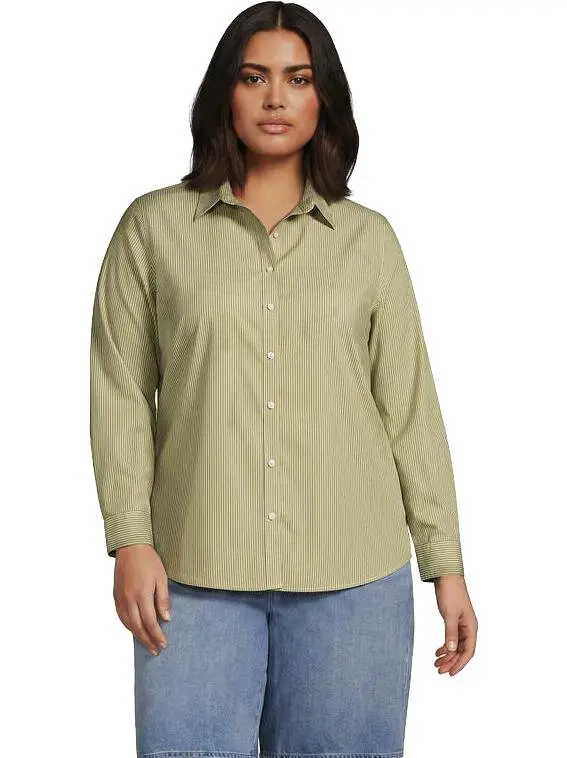 LANDS' END No Iron Button Front Shirt - Chartreuse Thin Stripe