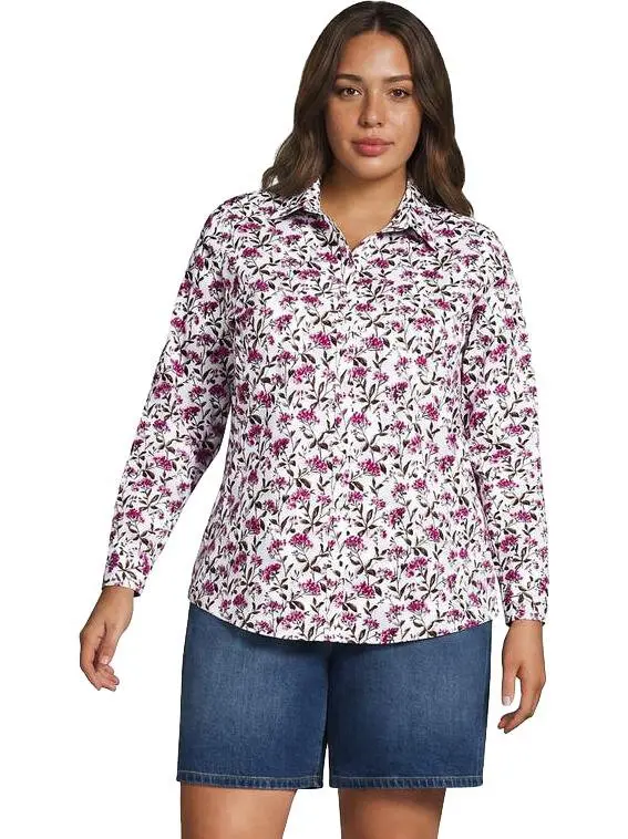 LANDS' END Supima Cotton Long Sleeve Shirt - White/pink Hydrangea