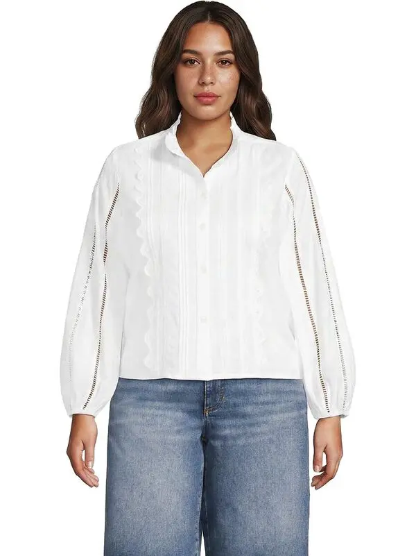 LANDS' END Ruffle Neck Button Front Shirt - White