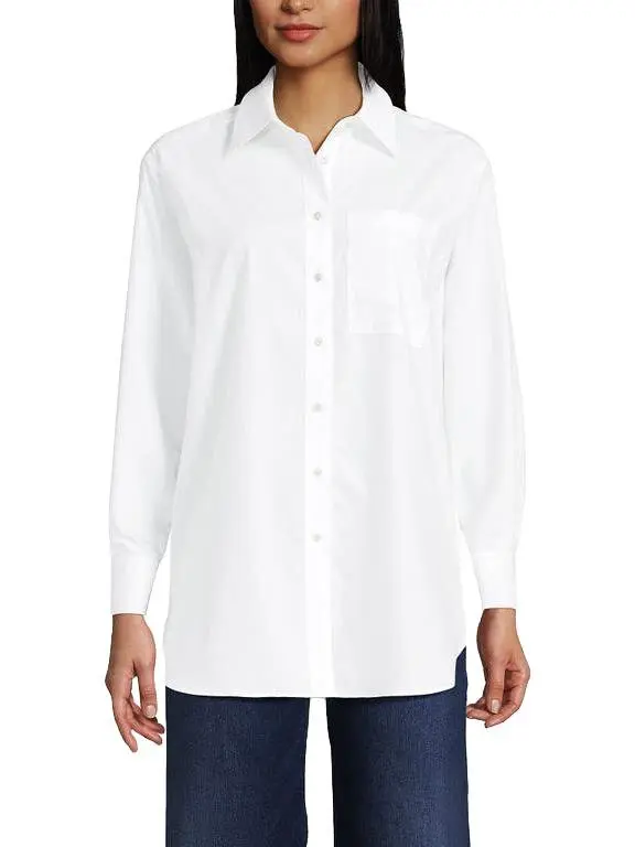 LANDS' END No Iron Oversized Poplin Extra Long Tunic Shirt - White