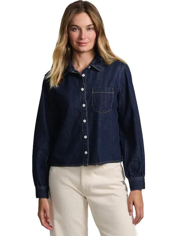 LANDS' END Denim Cropped Button Front Shirt - Dark Indigo