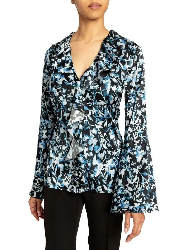 Santorelli Sydney Floral Matte Charmeuse Long Sleeve Ruffle Blouse - Midnight