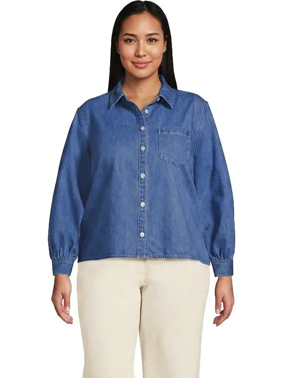 LANDS' END Cropped Denim Button-front Shirt - Light Indigo
