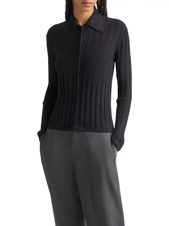 Plan C Ribbed Extrafine Merino Wool Cardigan - Navy