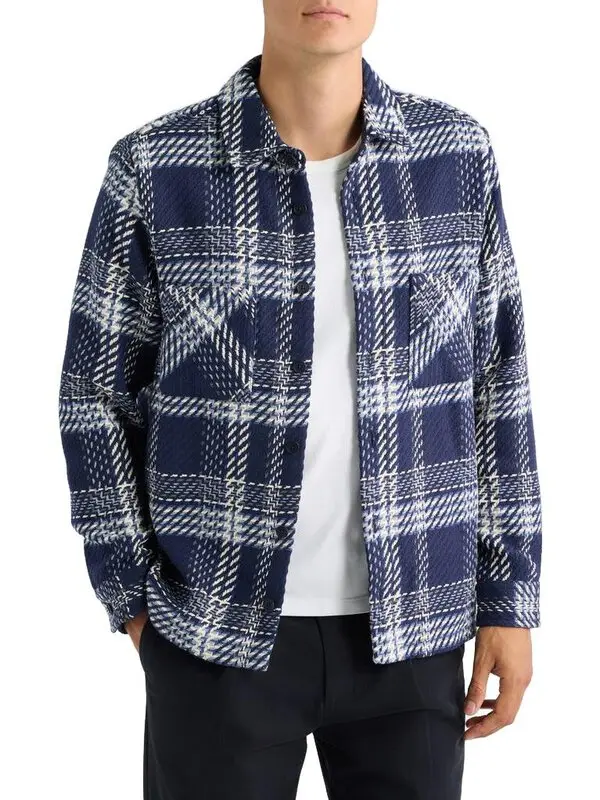 WAX LONDON Whiting Plaid Recycled Cotton Blend Overshirt - Navy/ecru