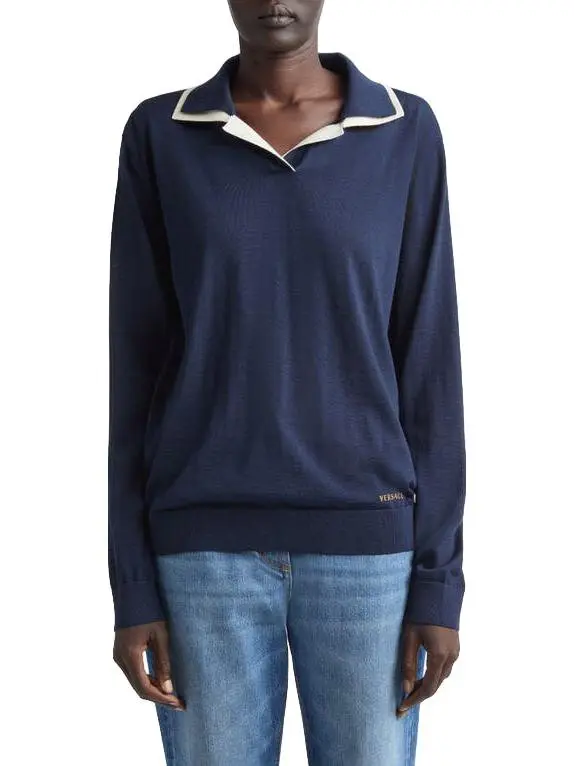 Versace Classic Wool Blend Polo Sweater With Embroidered Logo - Navy