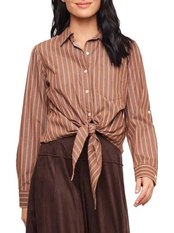 Karen Kane Striped Tie Front Shirt - Mocha