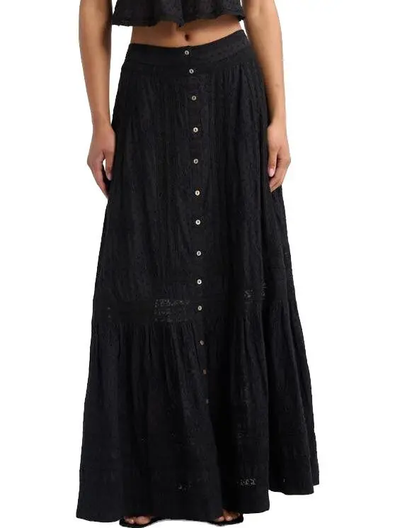 LoveShackFancy Araminta Lace Clip Dot Maxi Skirt - Black