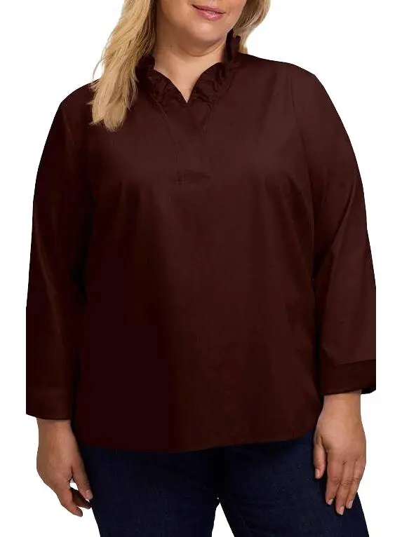 Foxcroft Tammy Ruffle Cotton Popover Top - Chicory Coffee