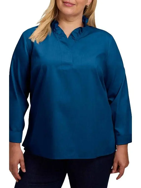 Foxcroft Tammy Ruffle Cotton Popover Top - Teal