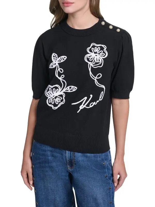 Karl Lagerfeld Paris Floral Stitch Short Sleeve Cotton Blend Sweater - Black/soft White