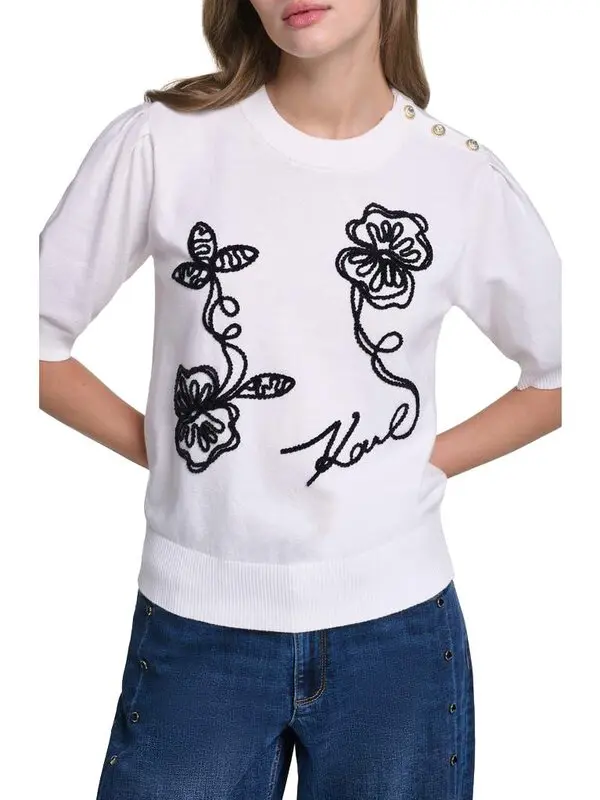 Karl Lagerfeld Paris Floral Stitch Short Sleeve Cotton Blend Sweater - Soft White/black