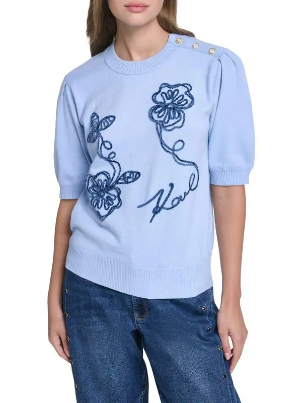 Karl Lagerfeld Paris Floral Stitch Short Sleeve Cotton Blend Sweater - Steel Blue/naval Academy