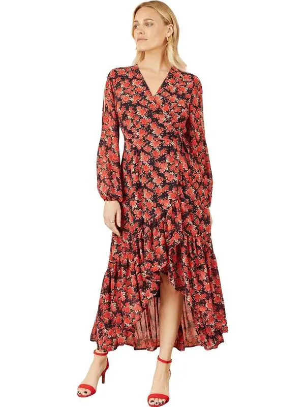YUMI Rose Print Dipped Hemline Midi Dress - Red