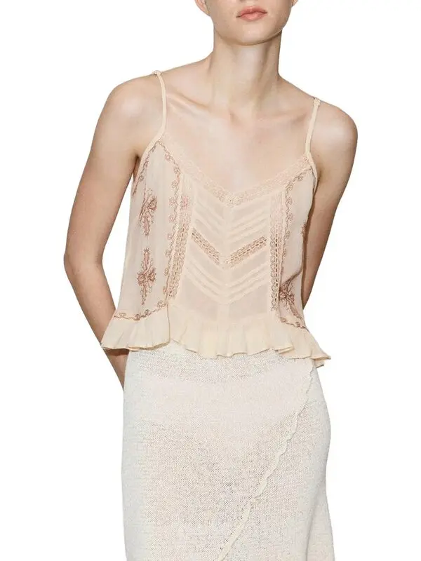 Mango Embroidered Crinkled Camisole - Ecru