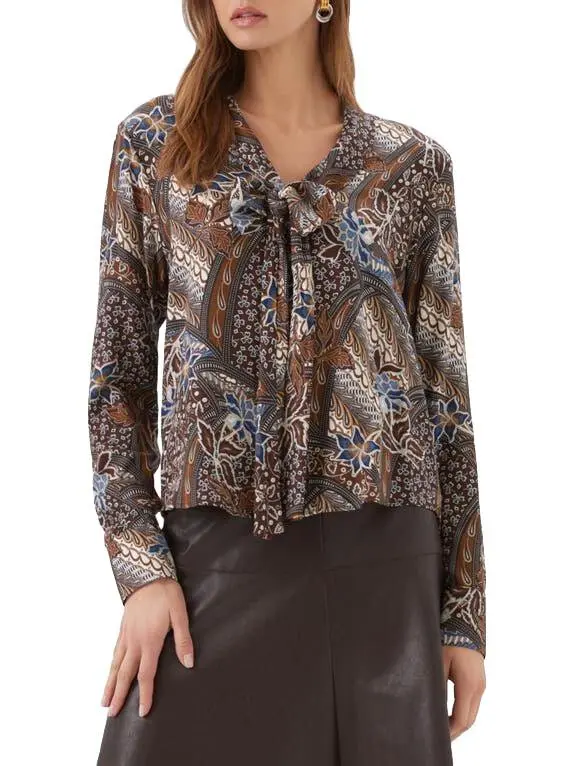 Karen Kane Printed Long Sleeve Bow Top - Brown Print