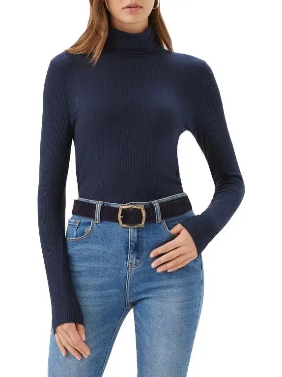 Karen Kane Ribbed Turtleneck Top - Navy