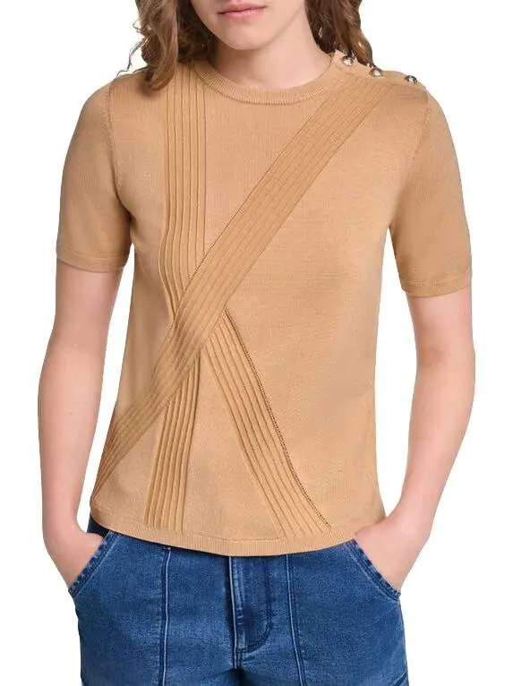 Karl Lagerfeld Paris K Short Sleeve Sweater With Shoulder Buttons - Camel
