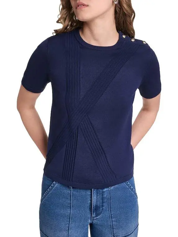 Karl Lagerfeld Paris K Short Sleeve Sweater With Shoulder Buttons - Navy