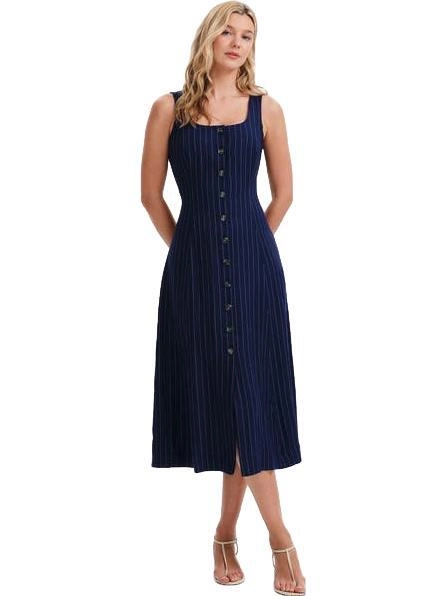 FINERY LONDON Jillian Stripe Button-through Midi Dress - Navy Stripe
