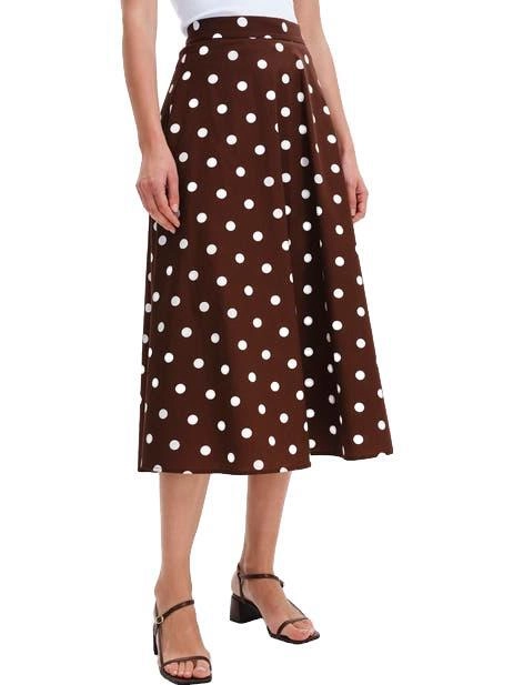 FINERY LONDON Meeka Polka Dot Cotton Midi Skirt - Brown Spot