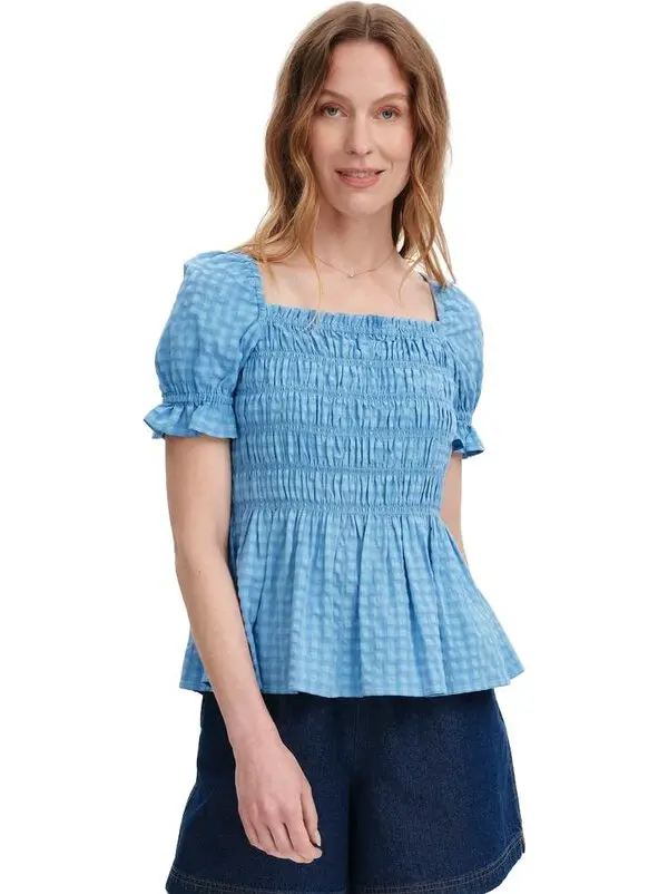 FINERY LONDON Cynthia Shirred Gingham Seersucker Top - Blue