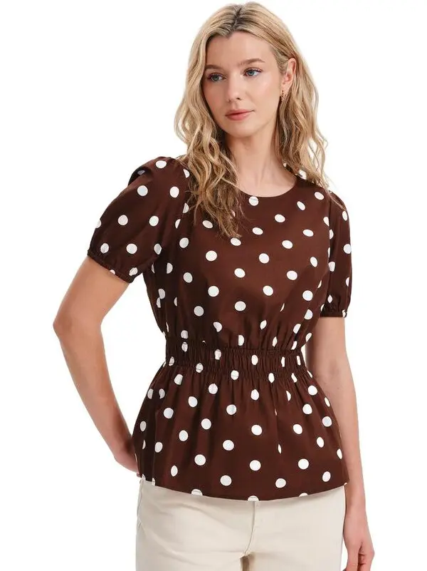 FINERY LONDON Raya Polka Dot Cotton Short Sleeve Top - Brown Spot