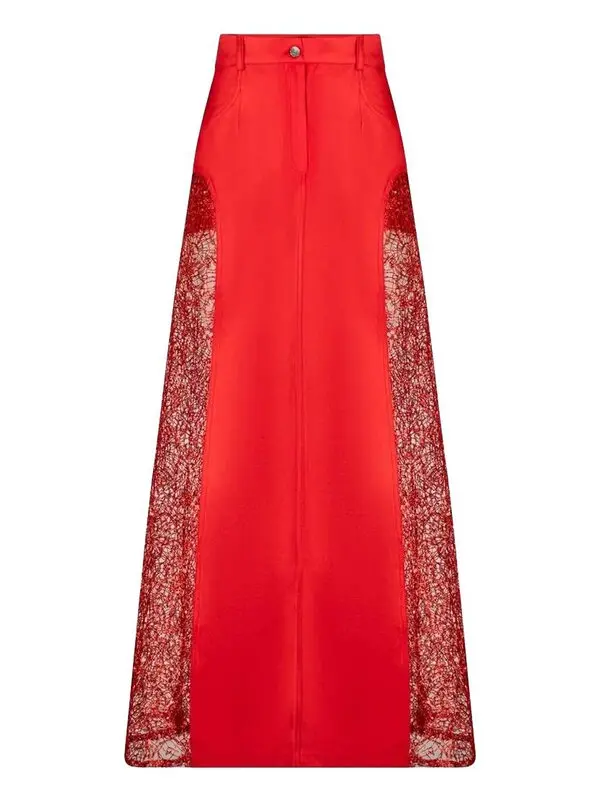 UCHÈ Uché Denim Maxi Skirt With Sequin Lace Panels - Red