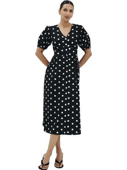 FINERY LONDON Addison Polka Dot Cotton Midi Dress - Black Spot