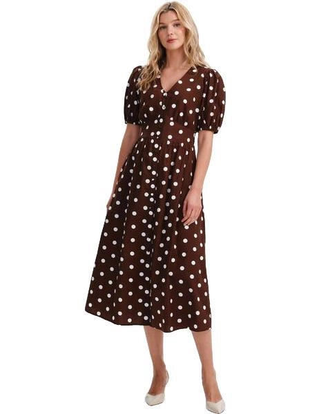 FINERY LONDON Addison Polka Dot Cotton Midi Dress - Brown Spot